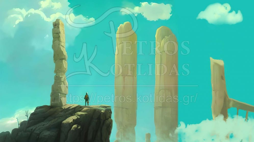 Concept Art of a figure standing on a rock path, admiring rock pillars ...