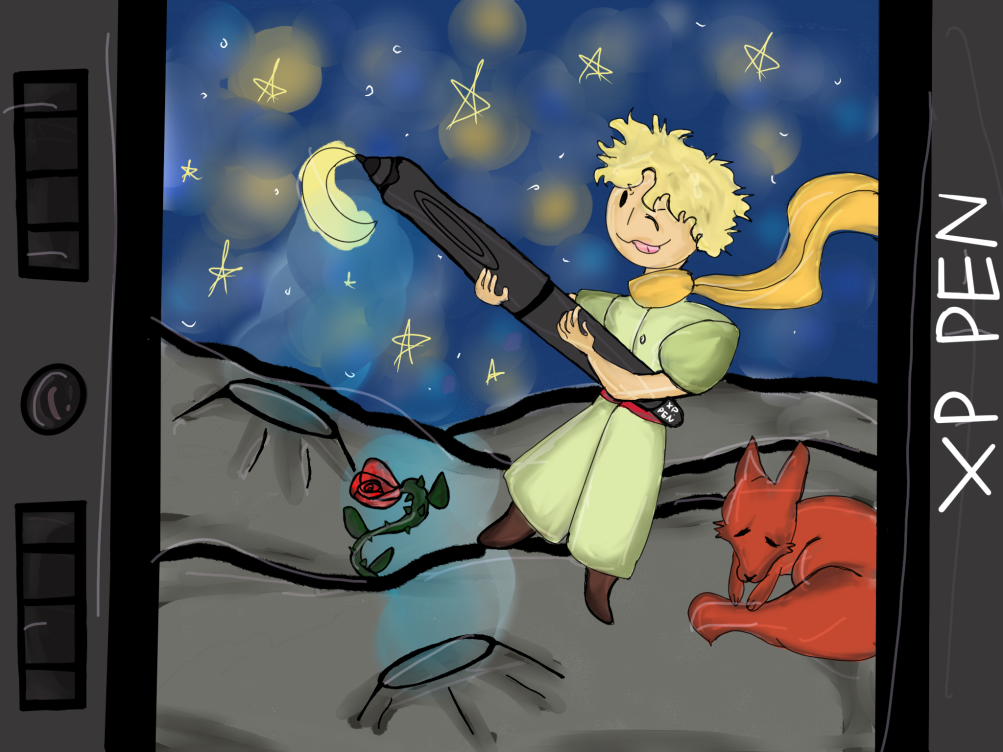 The little prince drawing the night sky in space as she stands on the ...