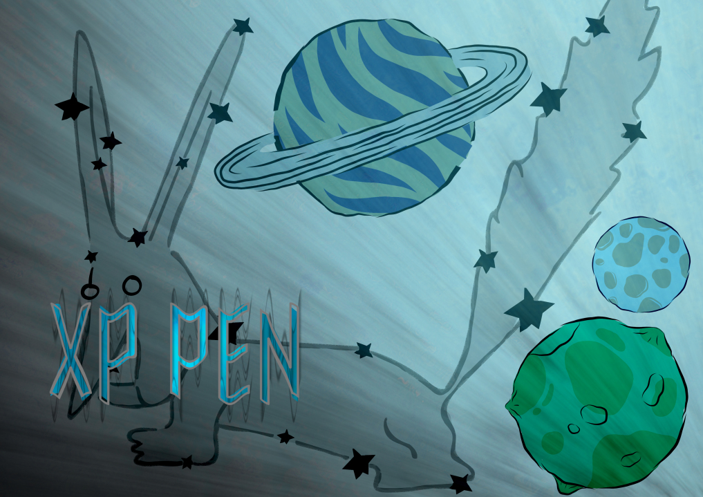 The image depicts a digital drawing with a space theme. There are three ...