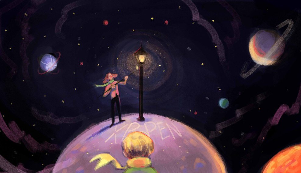 Here the Little Prince is visiting the lamp-lighter and watching as he ...