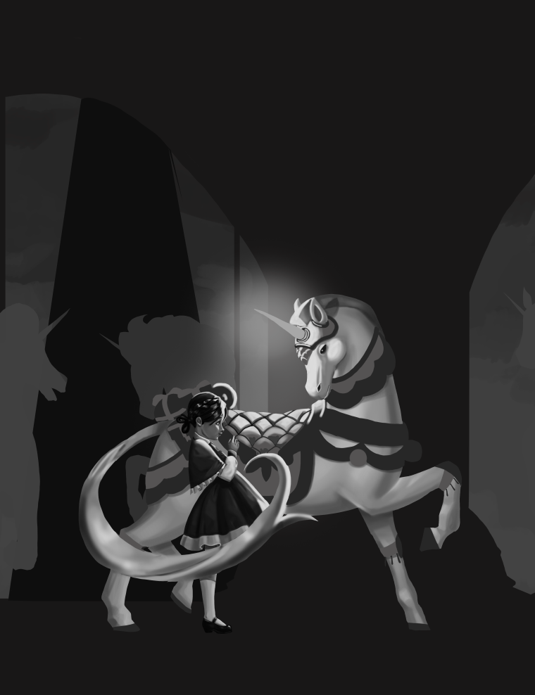 In my illustration, I show a little girl on an enchanted carousel ...