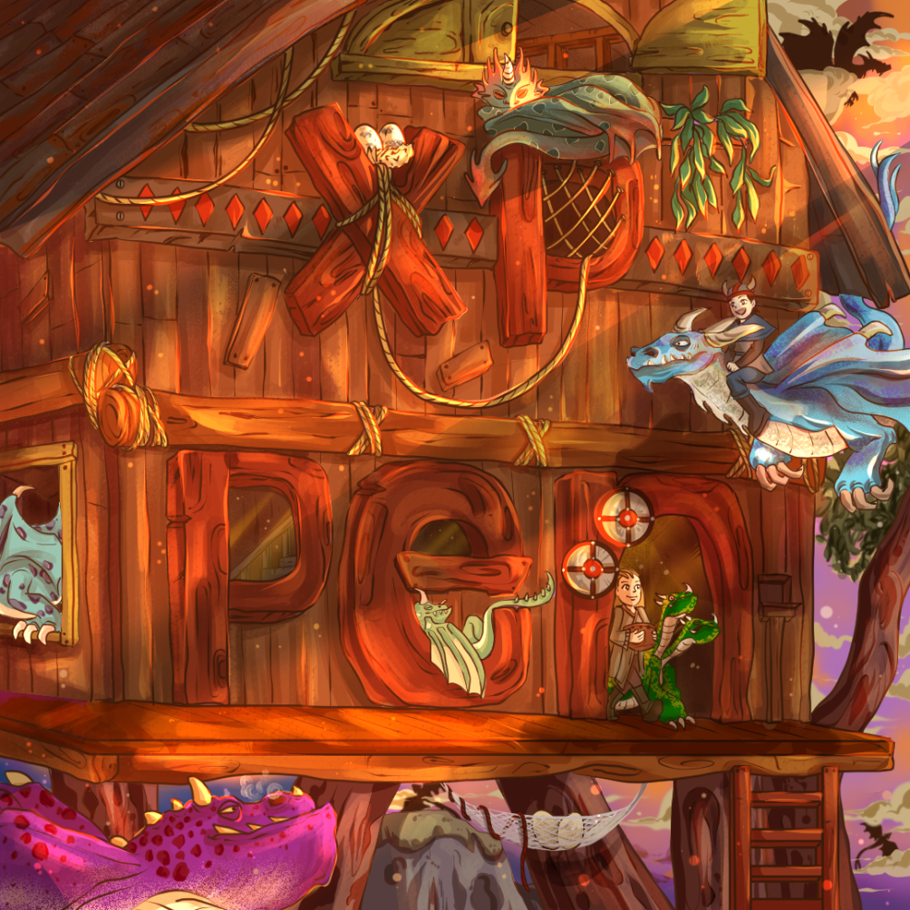 dragon house with dragons and their caretakers at sunset, trying to ...