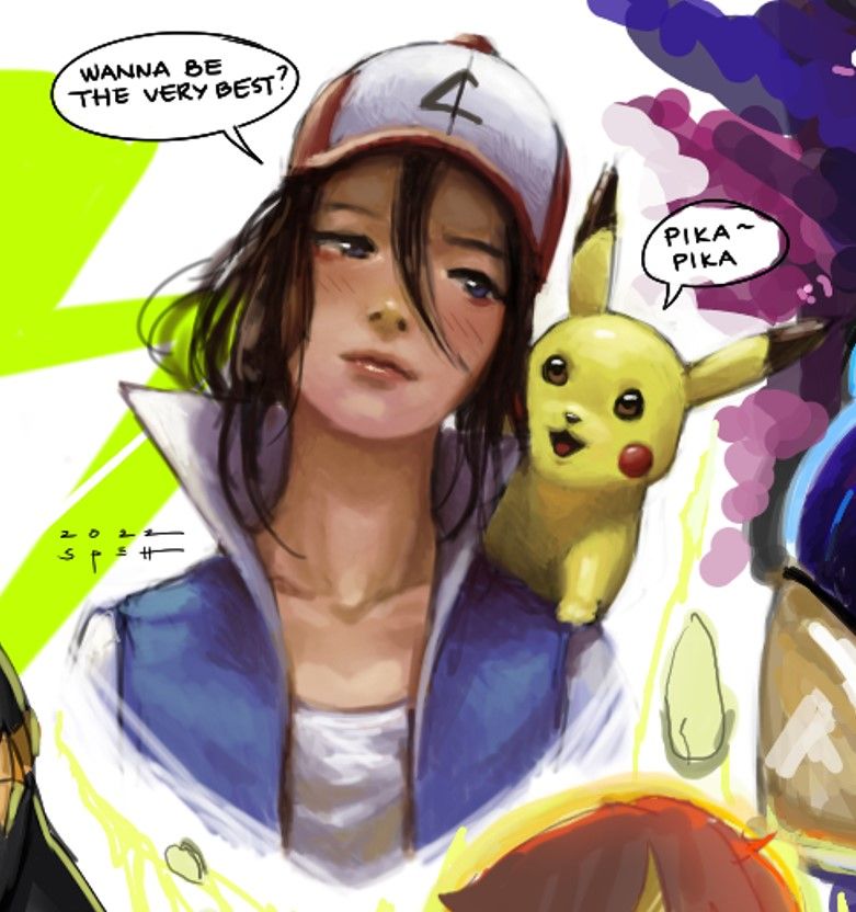 Ash and Pikachu genderbent. Drawn in magma studio